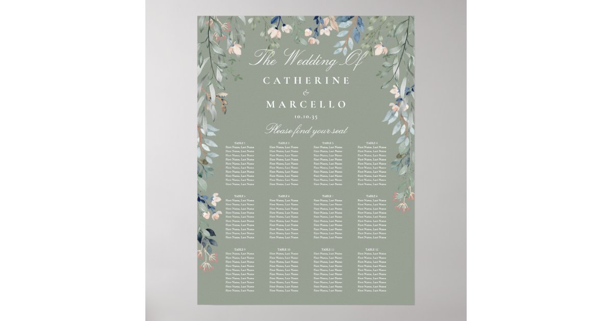 Sage Green Wildflowers Wedding Seating Plan Chart | Zazzle