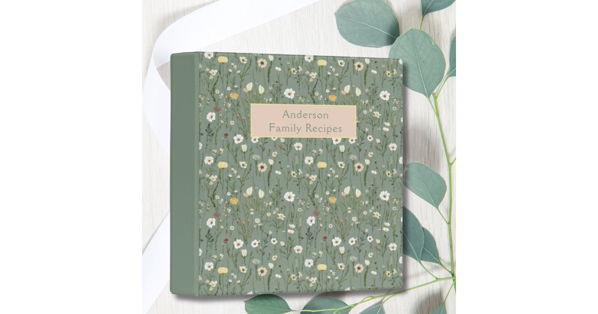 Sage Green Yellow White Wildflowers Family Recipe 3 Ring Binder | Zazzle