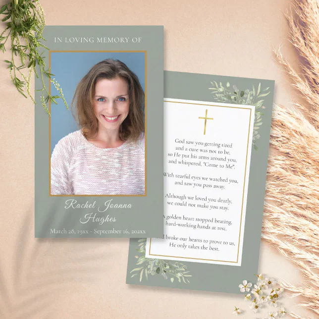Sage Greenery Funeral Memorial Photo Prayer Cards | Zazzle