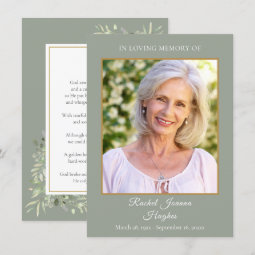 Sage Greenery Funeral Memorial Photo Prayer Cards | Zazzle