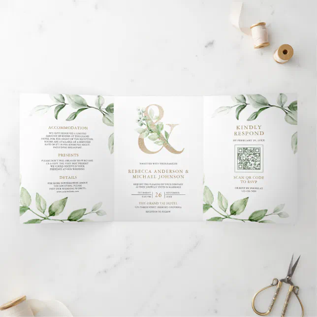Sage Greenery Gold Ampersand QR Code Wedding Tri-Fold Invitation | Zazzle