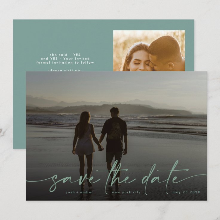 Sage Hand written Modern Photo Green Sea Foam Save The Date | Zazzle