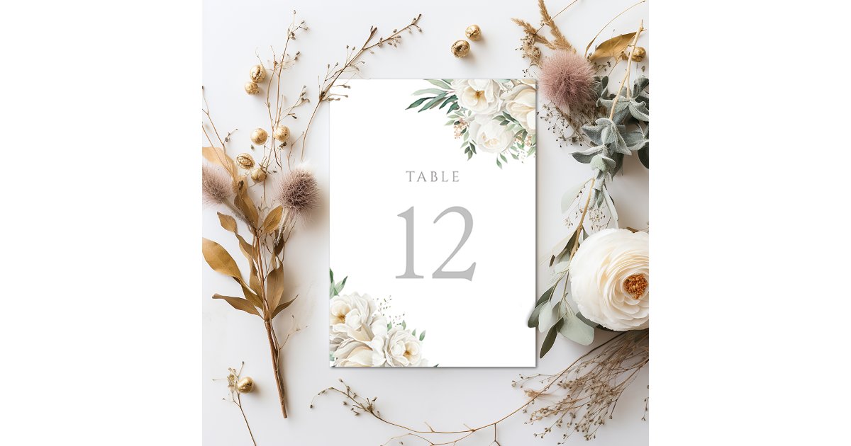 Sage Leaf & White Flower Wedding Reception Table Number | Zazzle