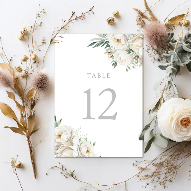 Sage Leaf & White Flower Wedding Reception Table Number | Zazzle