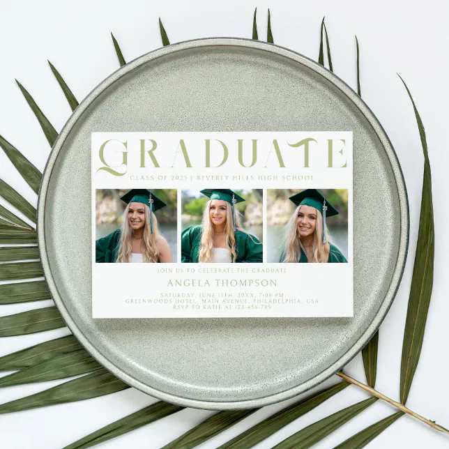Sage Minimalist Decorative Three Photo Graduation Invitation | Zazzle