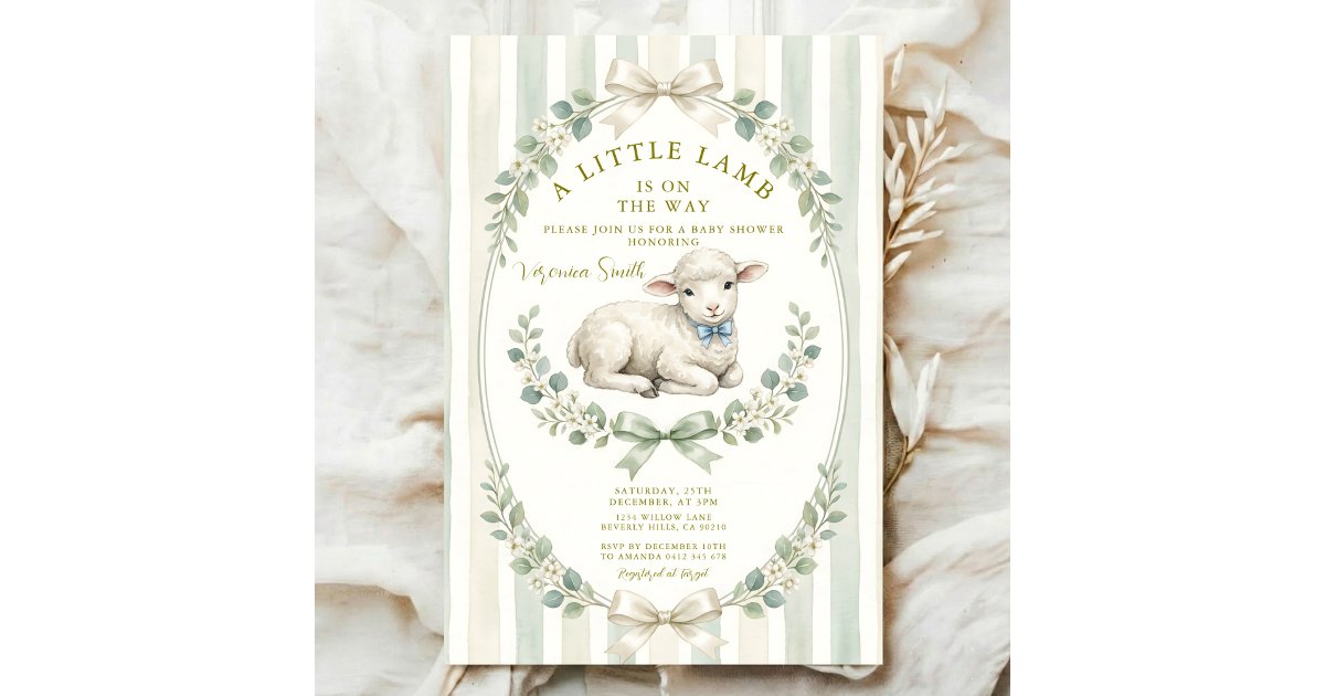 Sage Stripe Little watercolor Lamb Baby Shower Invitation | Zazzle