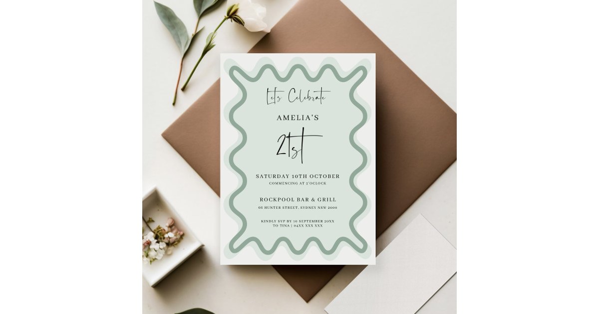 Sage Wavy Border 21st Birthday Invitation | Zazzle