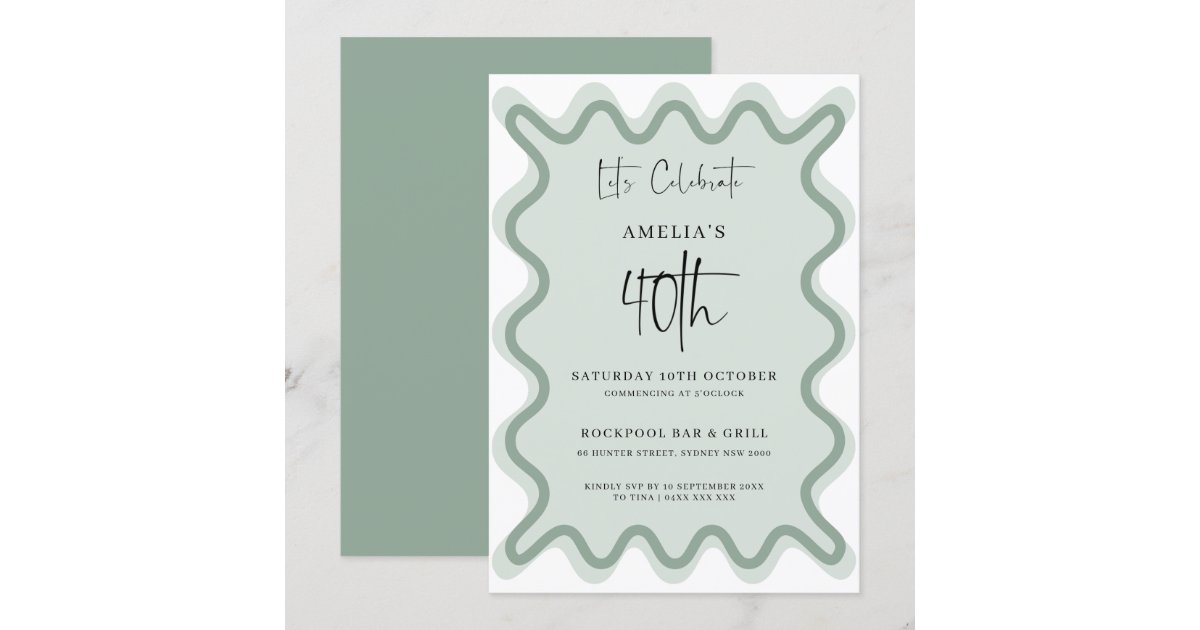 Sage Wavy Border 40th Birthday Invitation | Zazzle