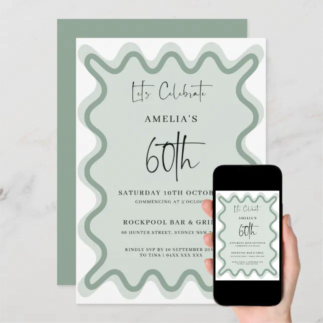 Sage Wavy Border 60th Birthday Invitation | Zazzle