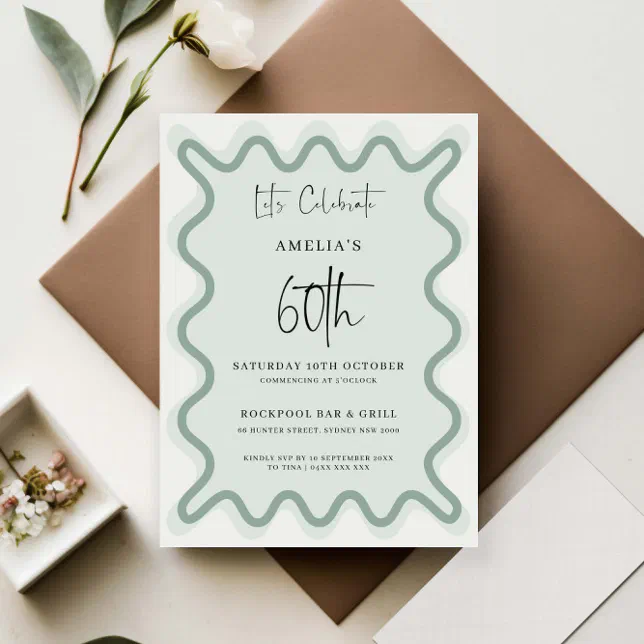 Sage Wavy Border 60th Birthday Invitation | Zazzle