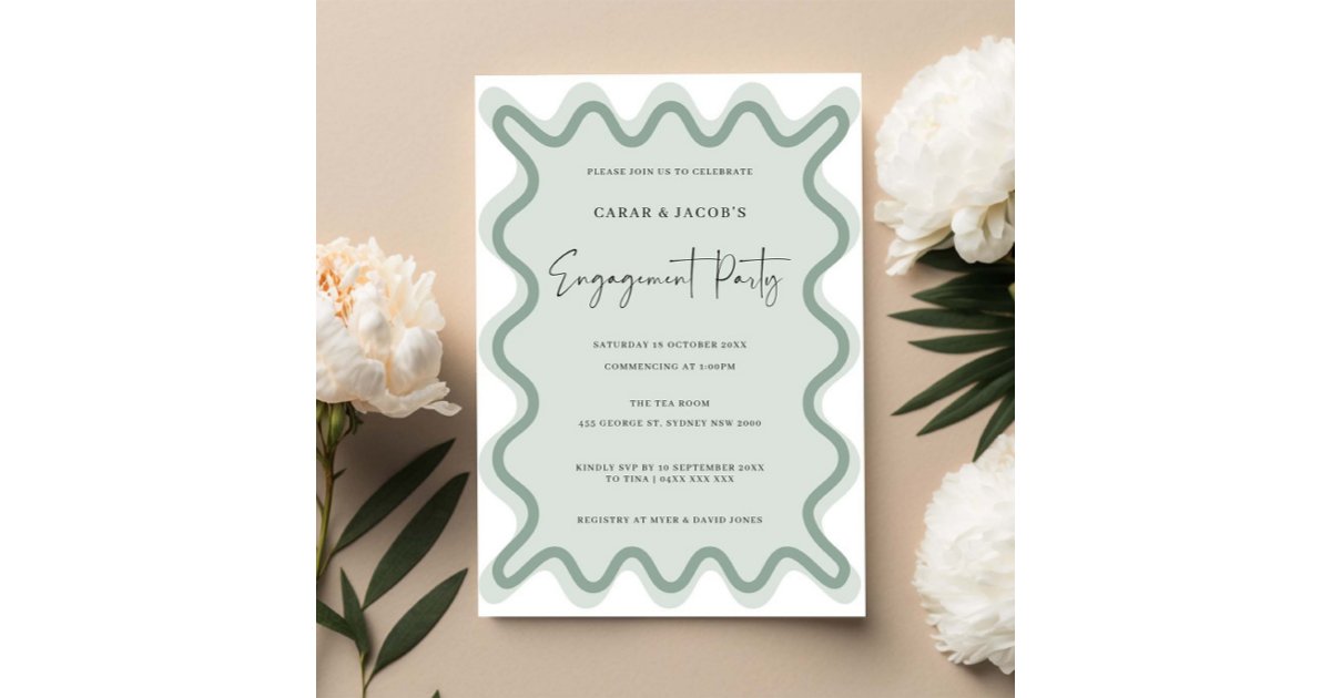 Sage Wavy Border Engagement Party Invitation | Zazzle