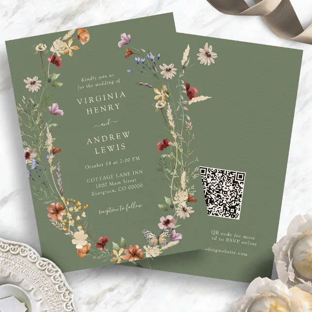 Sage Wildflower Boho QR Code Wedding Invitation | Zazzle