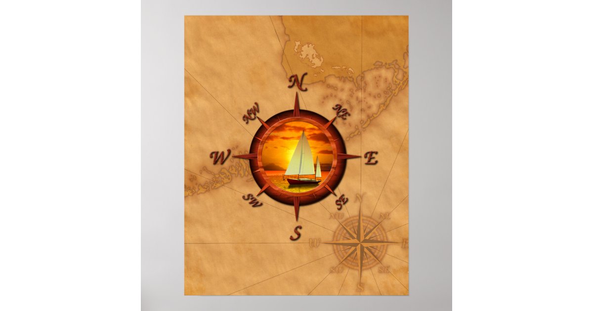 Sailboat And Compass Rose Poster | Zazzle