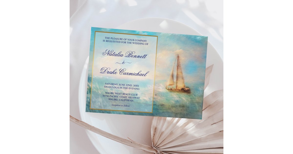 Sailboat and Sea | Nautical Navy and Gold Wedding Invitation | Zazzle