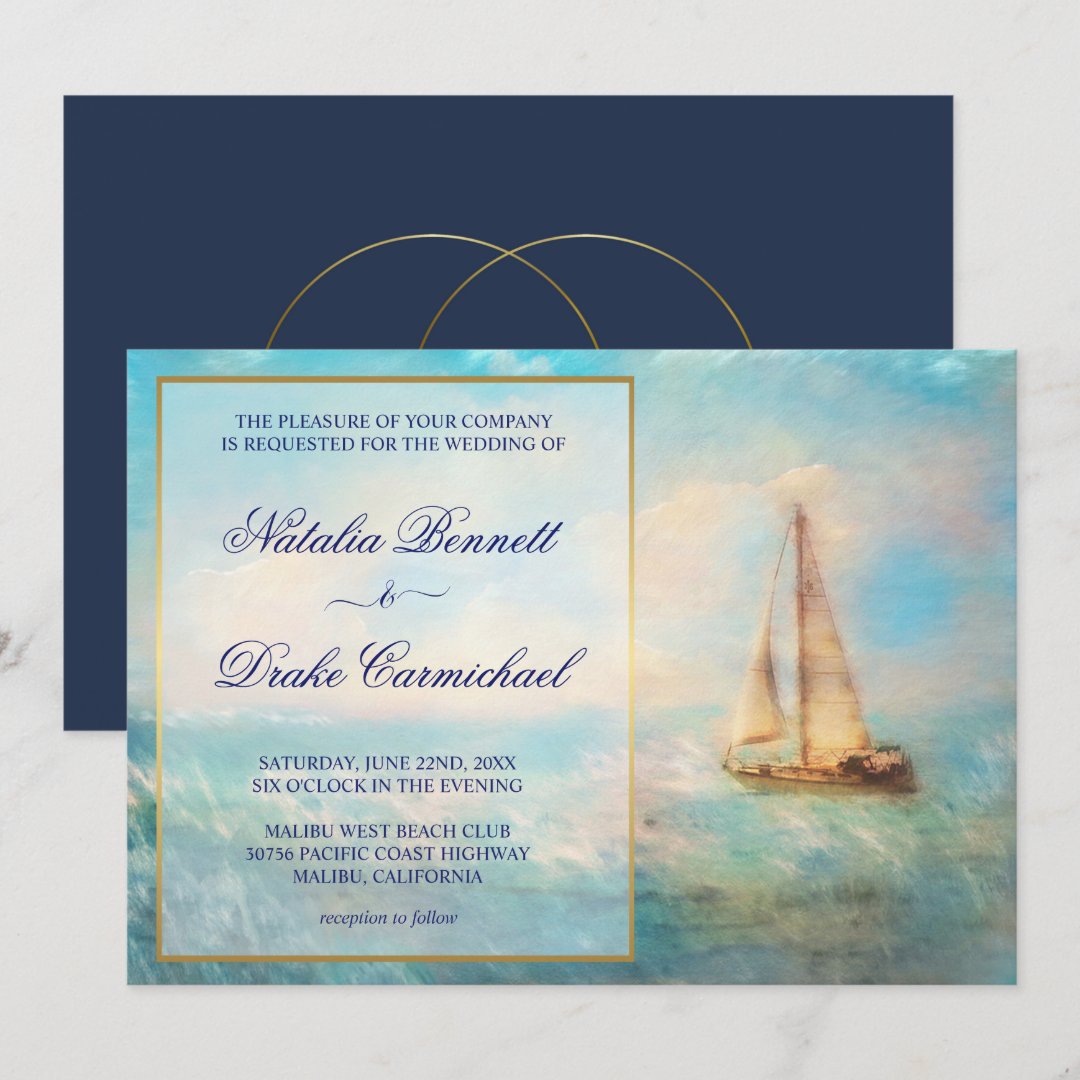 Sailboat and Sea | Nautical Navy and Gold Wedding Invitation | Zazzle