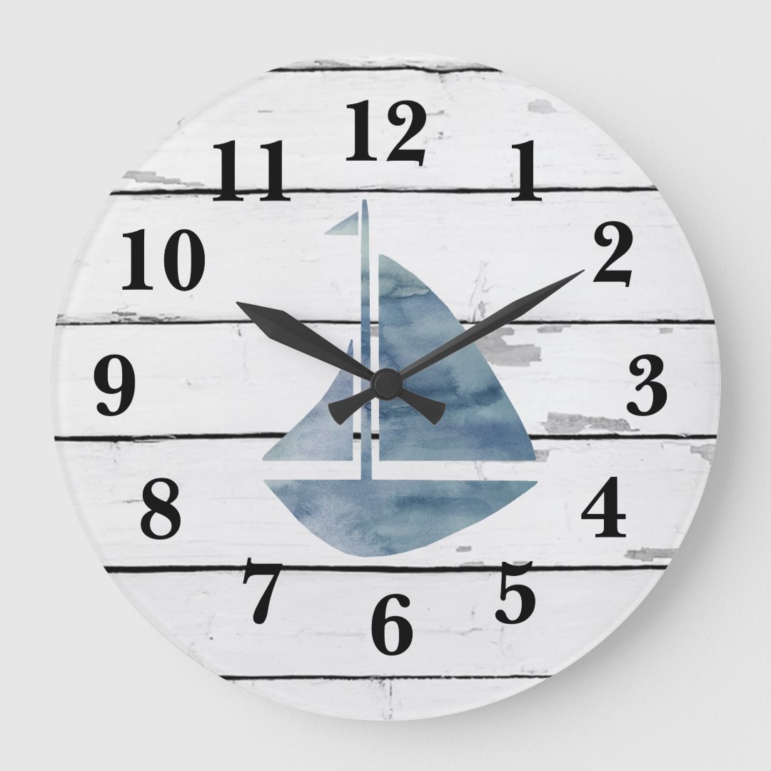 Sailboat Nautical Blue Anchor Shiplap Rustic Decor Large Clock | Zazzle