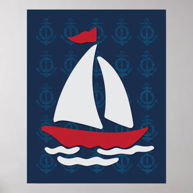 Sailboat - Red, White and Blue Nautical Wall Art | Zazzle