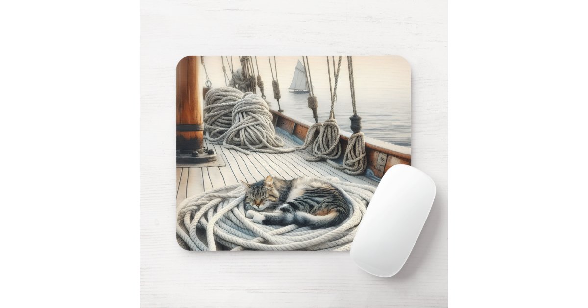 Sailboat Tabby Cat Sleeping On Ropes Mouse Pad | Zazzle