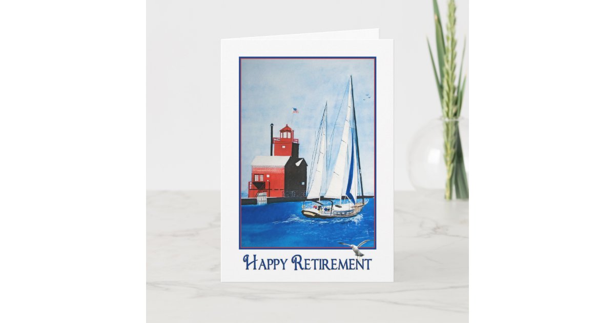 Sailboat with lighthouse retirement card | Zazzle