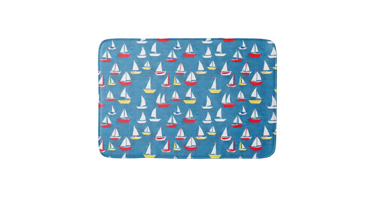 Sailboats Pattern Blue Bath Mat | Zazzle