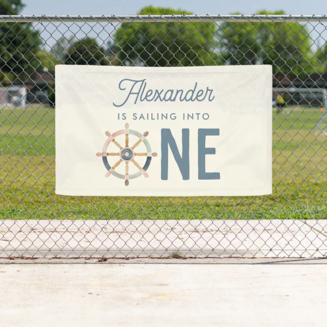 Sailing into One Nautical First Birthday Kids Banner | Zazzle