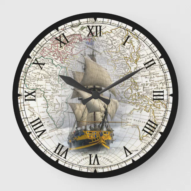 Sailing Ship ~ 1789 Eastern Hemisphere Map ~ Large Clock | Zazzle