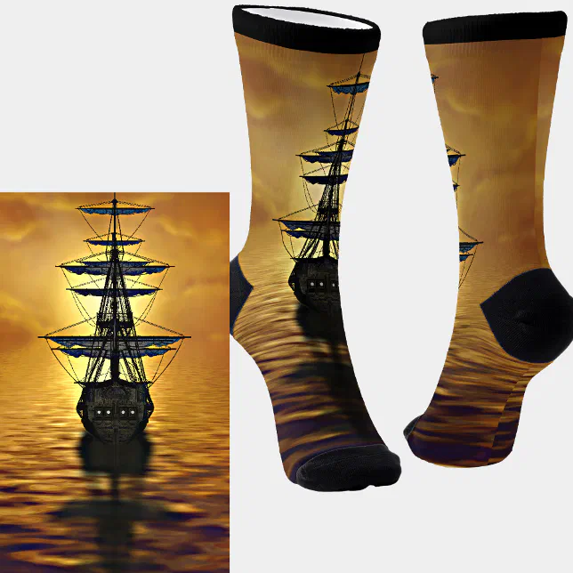 Sailing Ship Sunset Seas & Orange Sky Socks | Zazzle