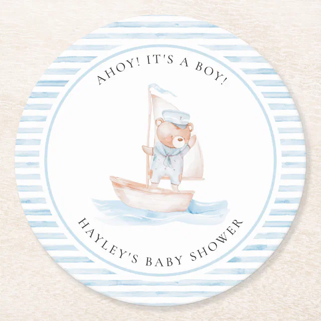 Sailor Bear Blue Stripe Baby Shower Round Paper Coaster | Zazzle