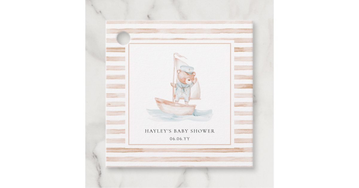 Sailor Bear Tan Stripe Baby Shower Favor Tags | Zazzle