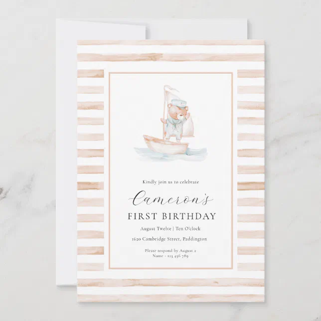 Sailor Bear Tan Stripe First Birthday Invitation | Zazzle
