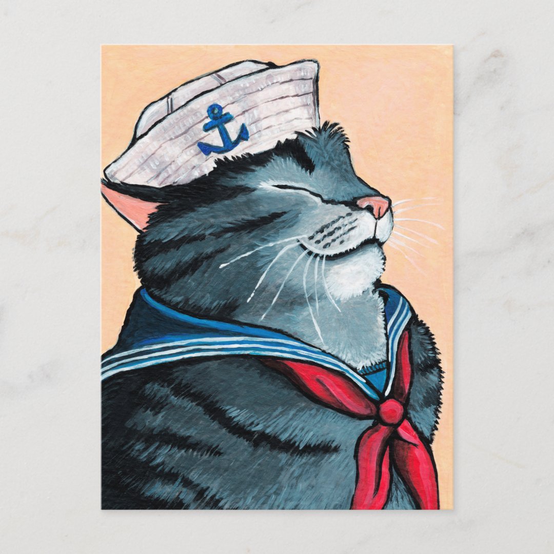 Sailor Cat Nautical Tabby Cat Painting Postcard | Zazzle