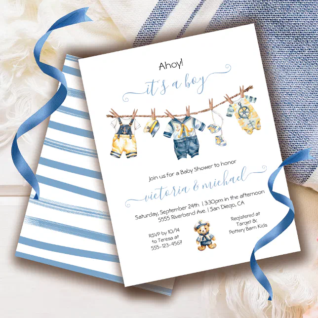 Sailor Nautical Ahoy Boy Baby Shower Clothesline Invitation | Zazzle