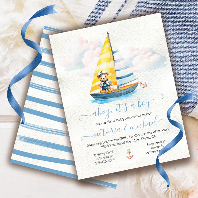 Sailor Nautical Ahoy Boy Baby Shower Sailboat Invitation | Zazzle