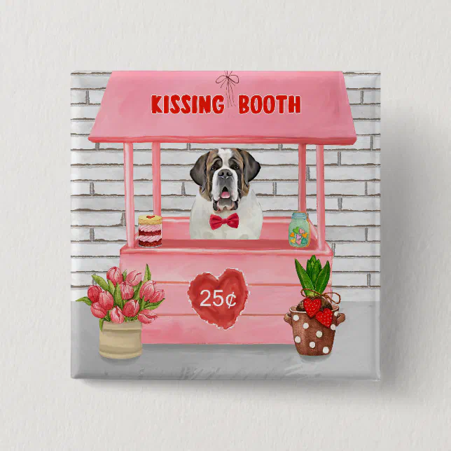 Saint Bernard Dog Valentine's Day Kissing Booth Button | Zazzle