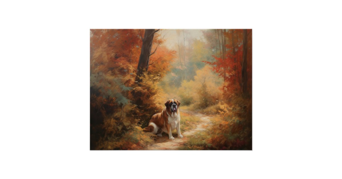 Saint Bernard in Autumn Leaves Fall Inspire Poster | Zazzle