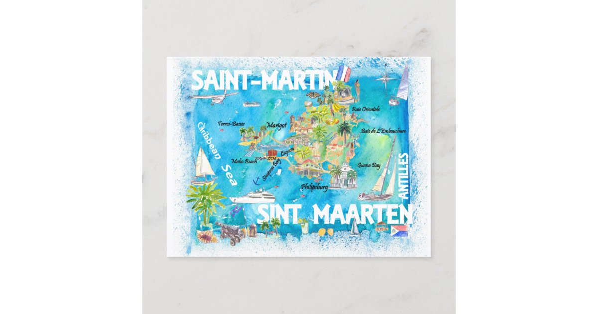 Saint-Martin Sint Maarten Antilles Map Postcard | Zazzle