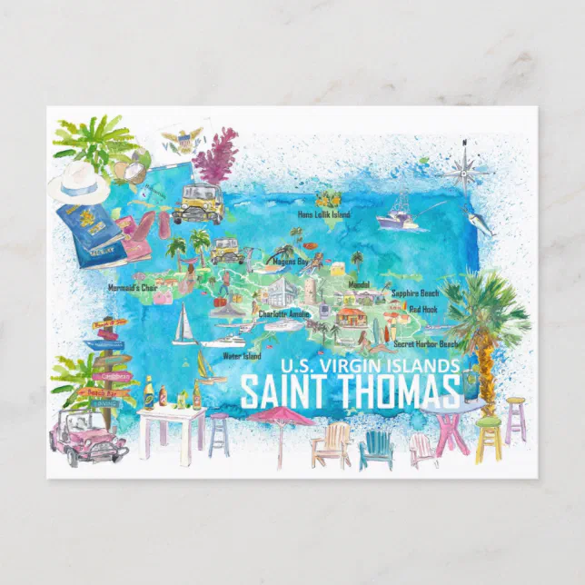 Saint Thomas USVI Illustrated Travel Map Postcard | Zazzle
