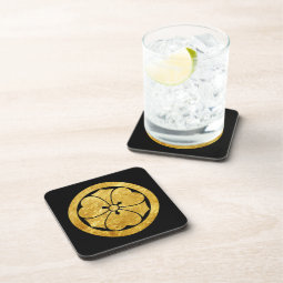 Sakai Mon Japanese samurai clan faux gold on black Beverage Coaster ...