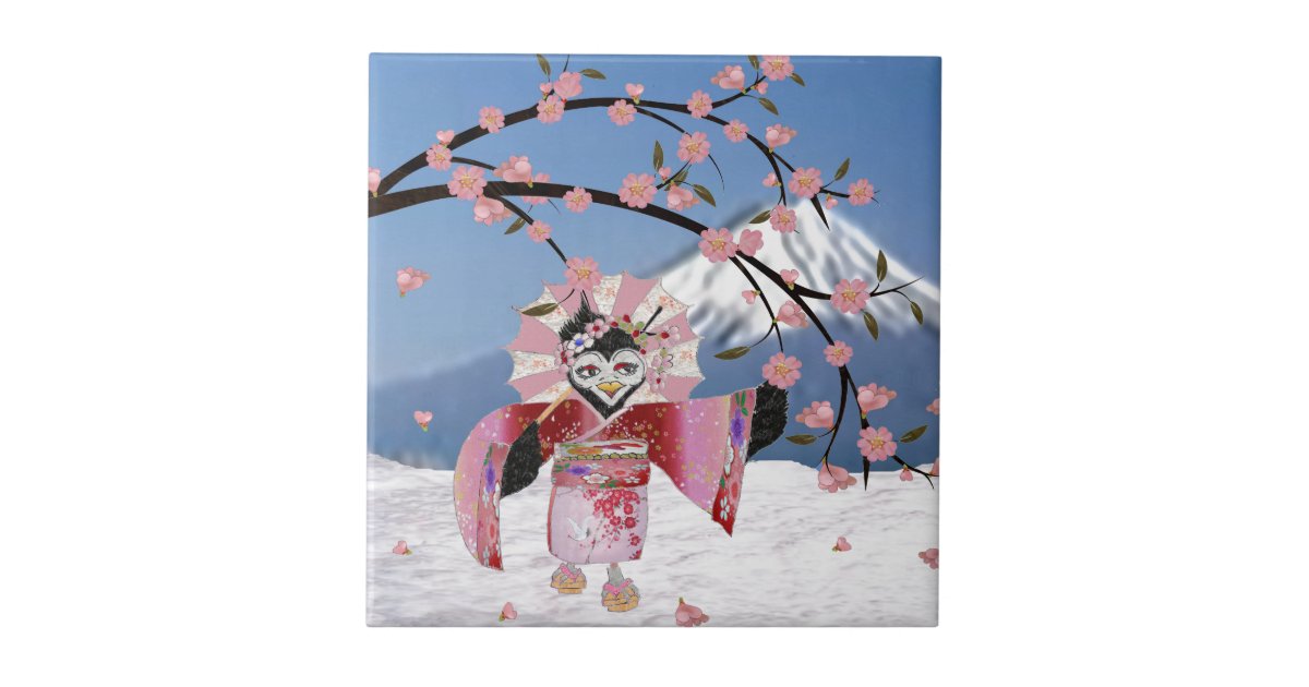 Sakura Geisha Bird in the Snow Cherry Blossoms Tile | Zazzle
