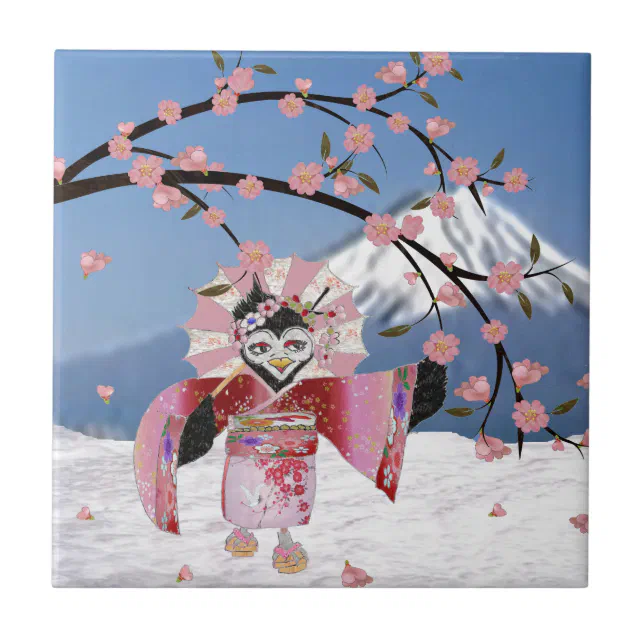 Sakura Geisha Bird in the Snow Cherry Blossoms Tile | Zazzle
