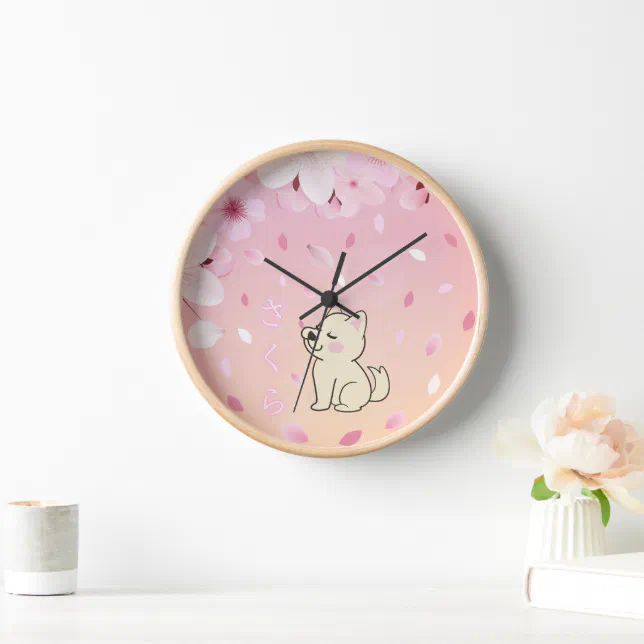 Sakura & Kawaii Dog with Japanese Hiragana. Clock | Zazzle