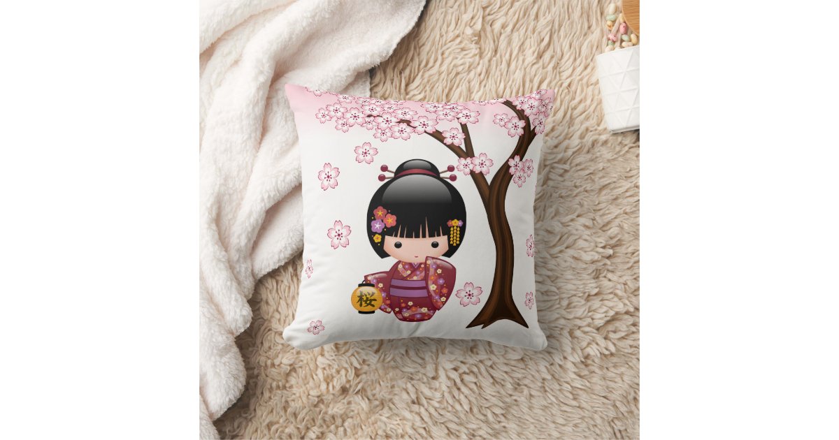 Sakura Kokeshi Doll - Cute Japanese Geisha Girl Throw Pillow | Zazzle