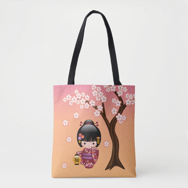 Sakura Kokeshi Doll - Cute Japanese Geisha Girl Tote Bag | Zazzle