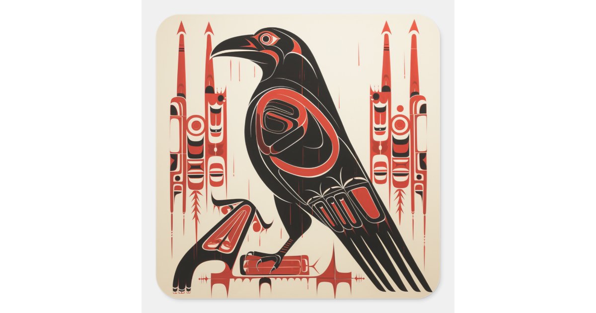 Salish native pacific northwestern art style raven square sticker | Zazzle