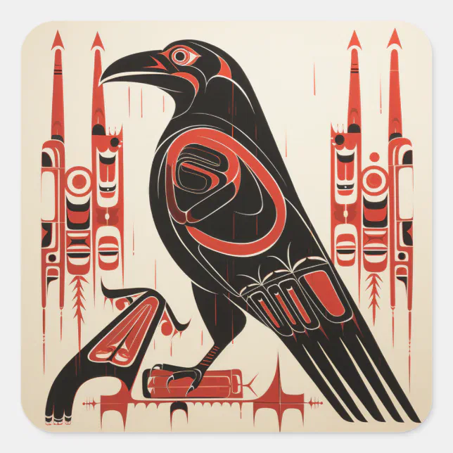 Salish native pacific northwestern art style raven square sticker | Zazzle