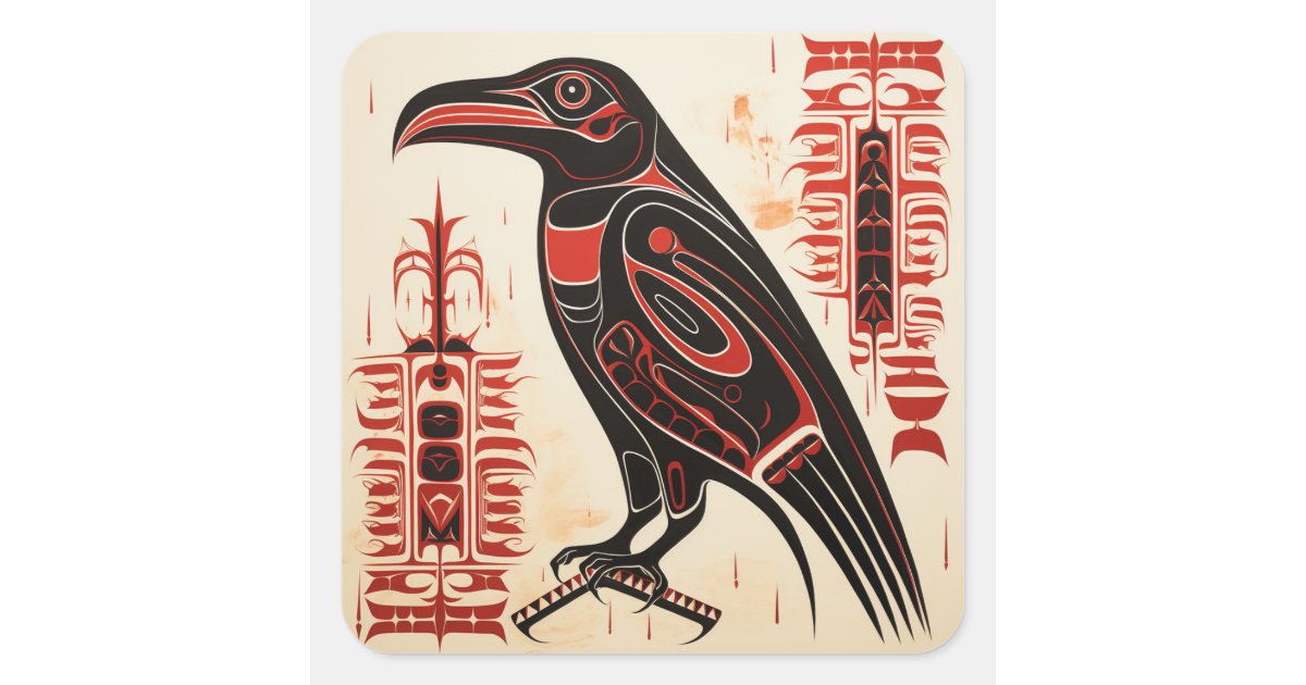 Salish native pacific northwestern art style raven square sticker | Zazzle