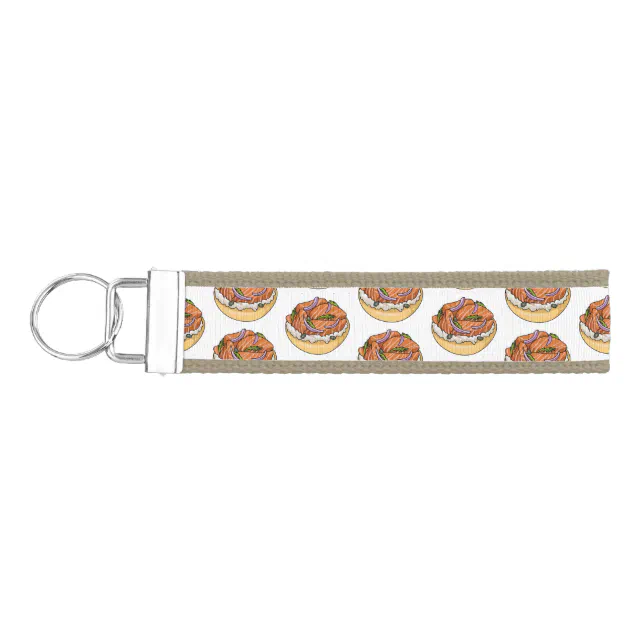 Salmon bagel cartoon illustration wrist keychain | Zazzle