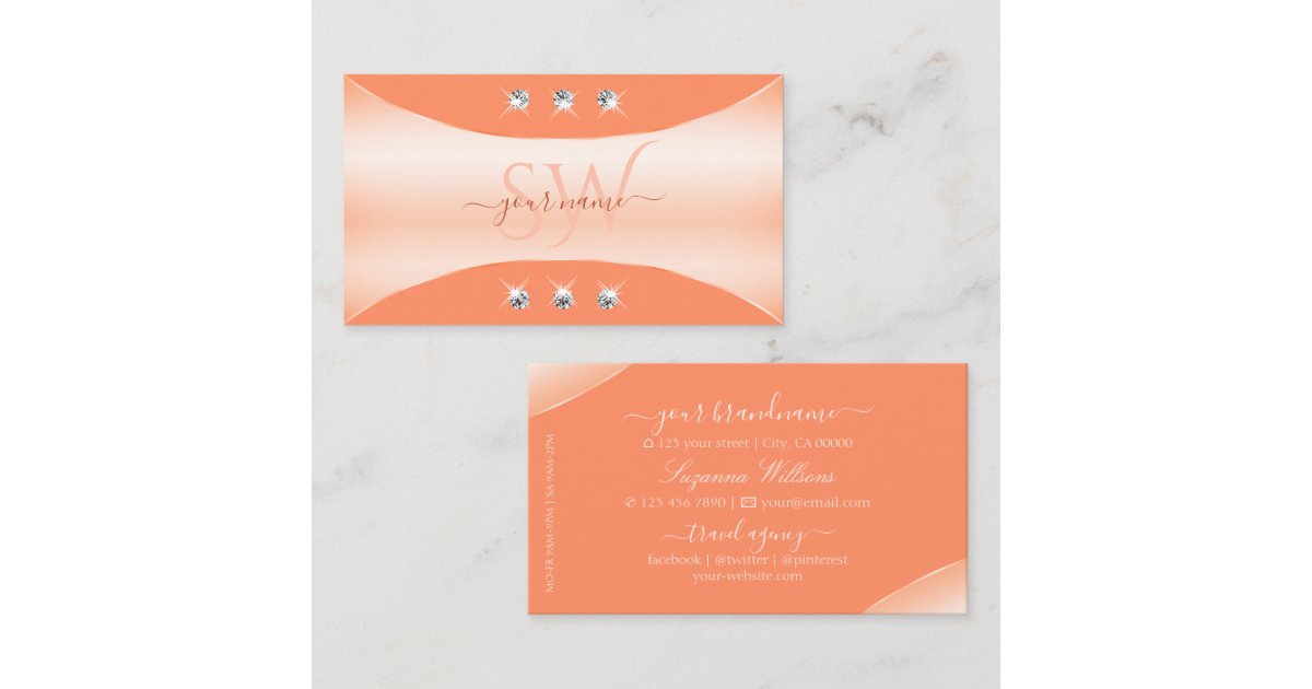 Salmon Colors with Sparkling Diamonds and Monogram Business Card | Zazzle