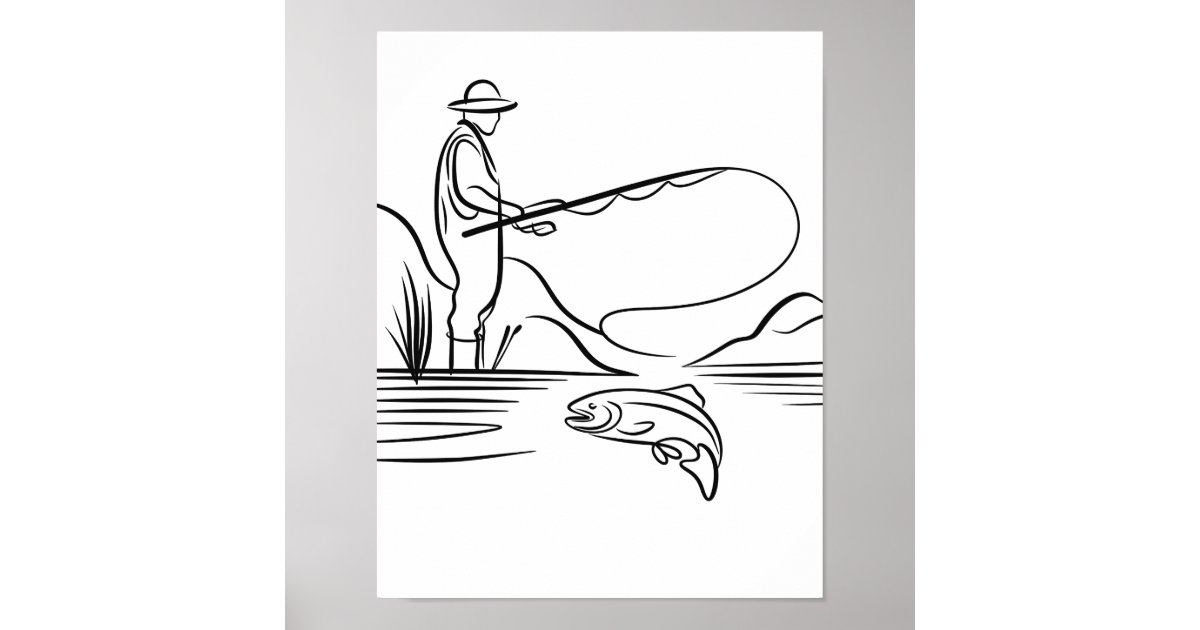Salmon Fishing Line Art Poster | Zazzle