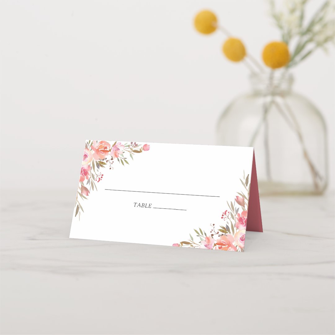 Salmon Pink Floral Wedding Place Card | Zazzle